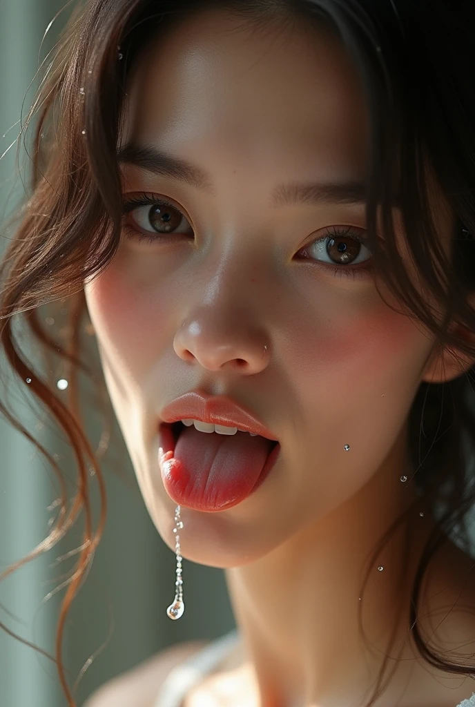 Naked girl sticking out her tongue with falling from her face - SeaArt AI