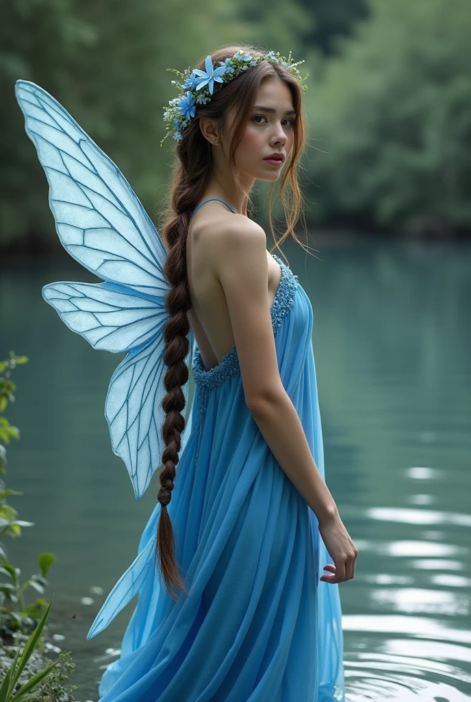 Beautiful Caucasian nymph with long braided brown hair wearing blue ...