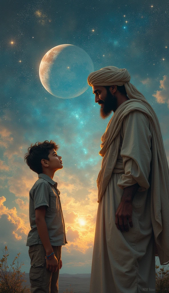 A picture of a young talking to his father Yaqoub, with a background of ...
