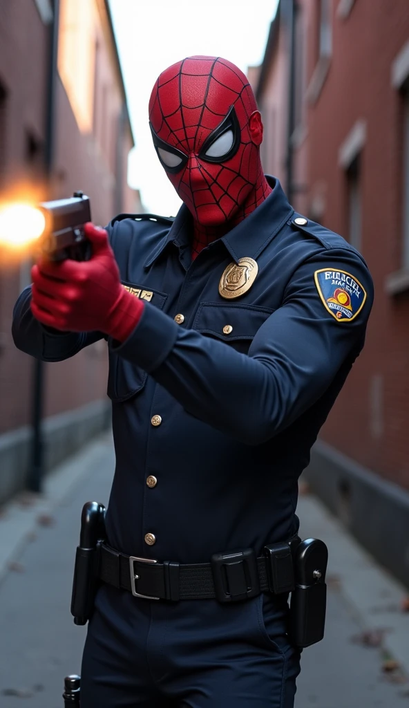 A Spiderman superhero character wearing a police uniform with buttons ...