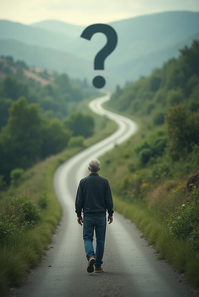 Make me an image of a man walking down a road and a question mark at ...