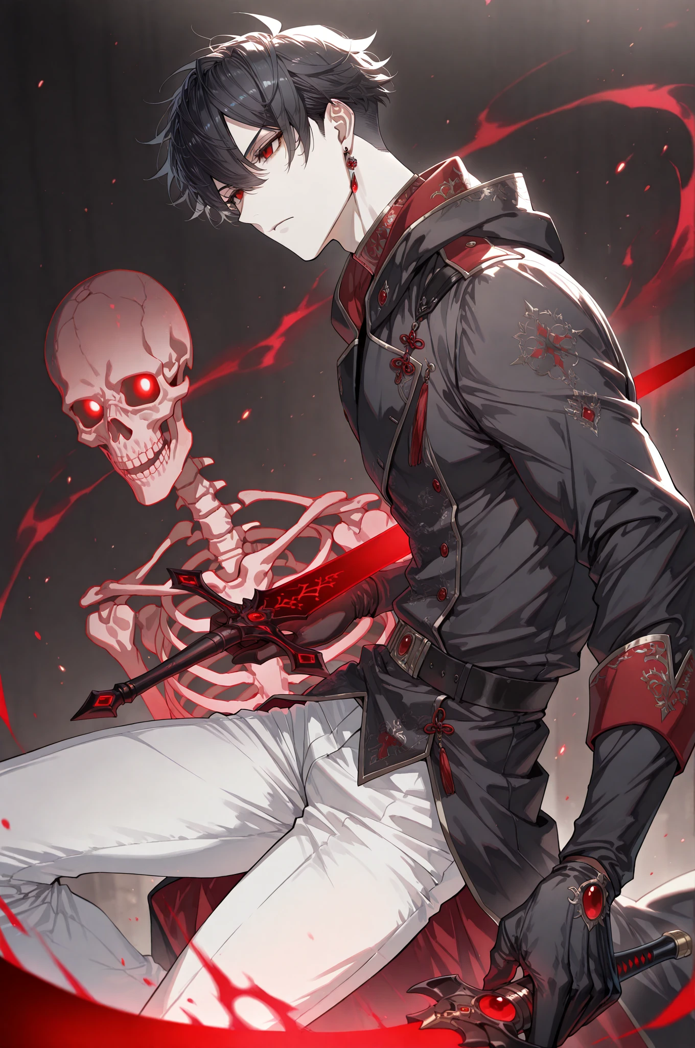 1boy, Kuroki Ren, red eyes, black hair, shor hair, single red earring - SeaArt AI