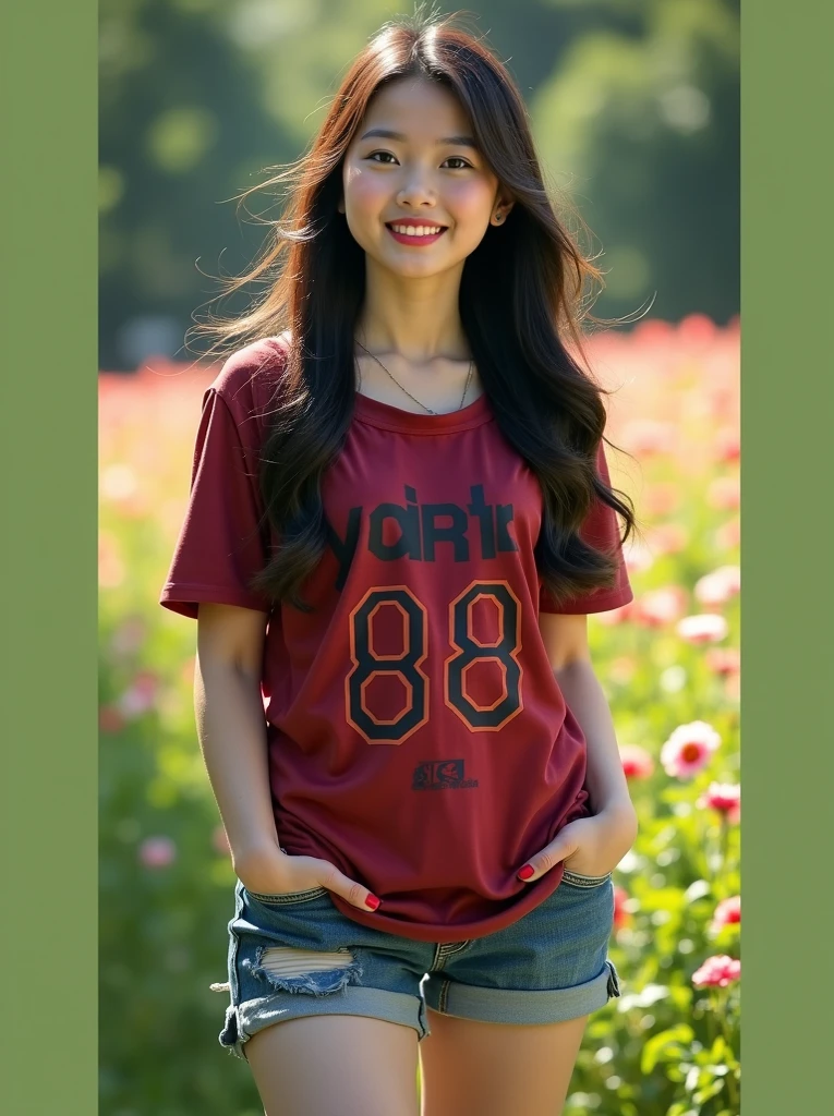 full photo , Southwest Asian girl with round face , in a graphic print ...