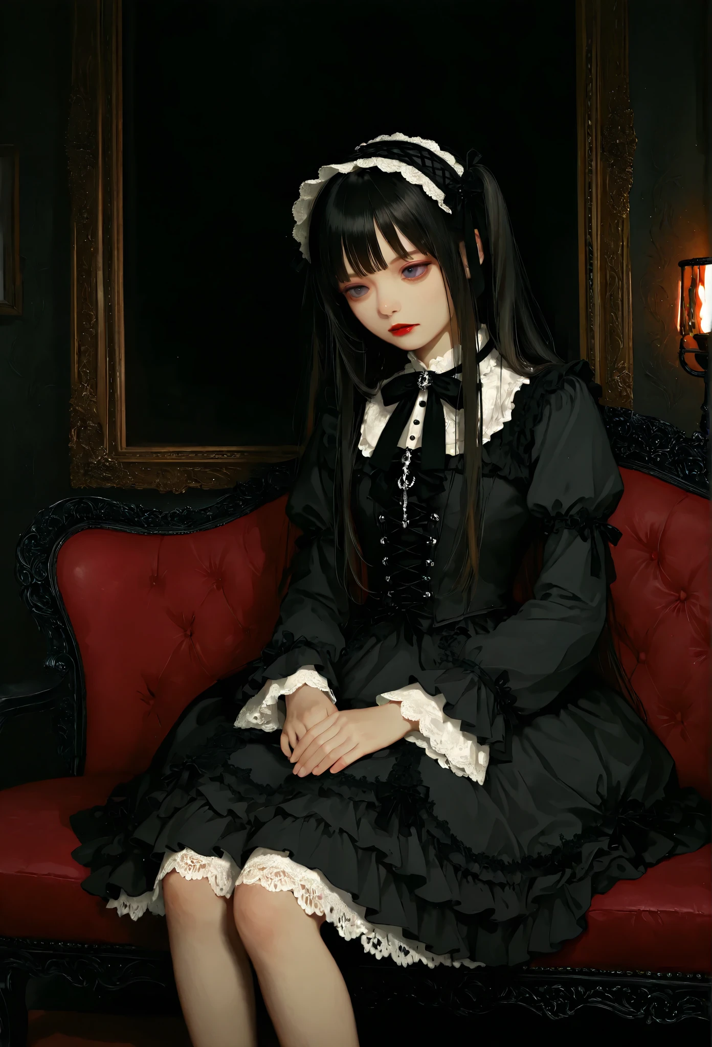A beautiful gothic lolita girl, 1girl, sitting alone on a black sofa ...