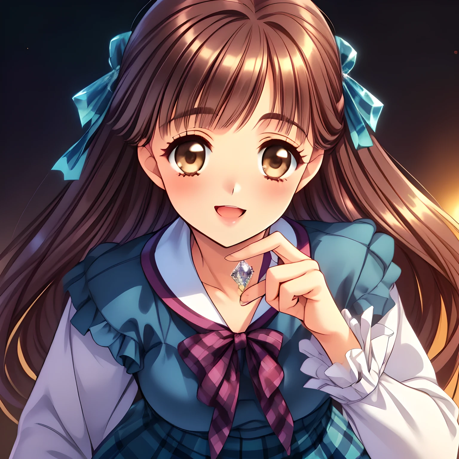 Anime girl with long hair and blue dress posing for a picture - SeaArt AI