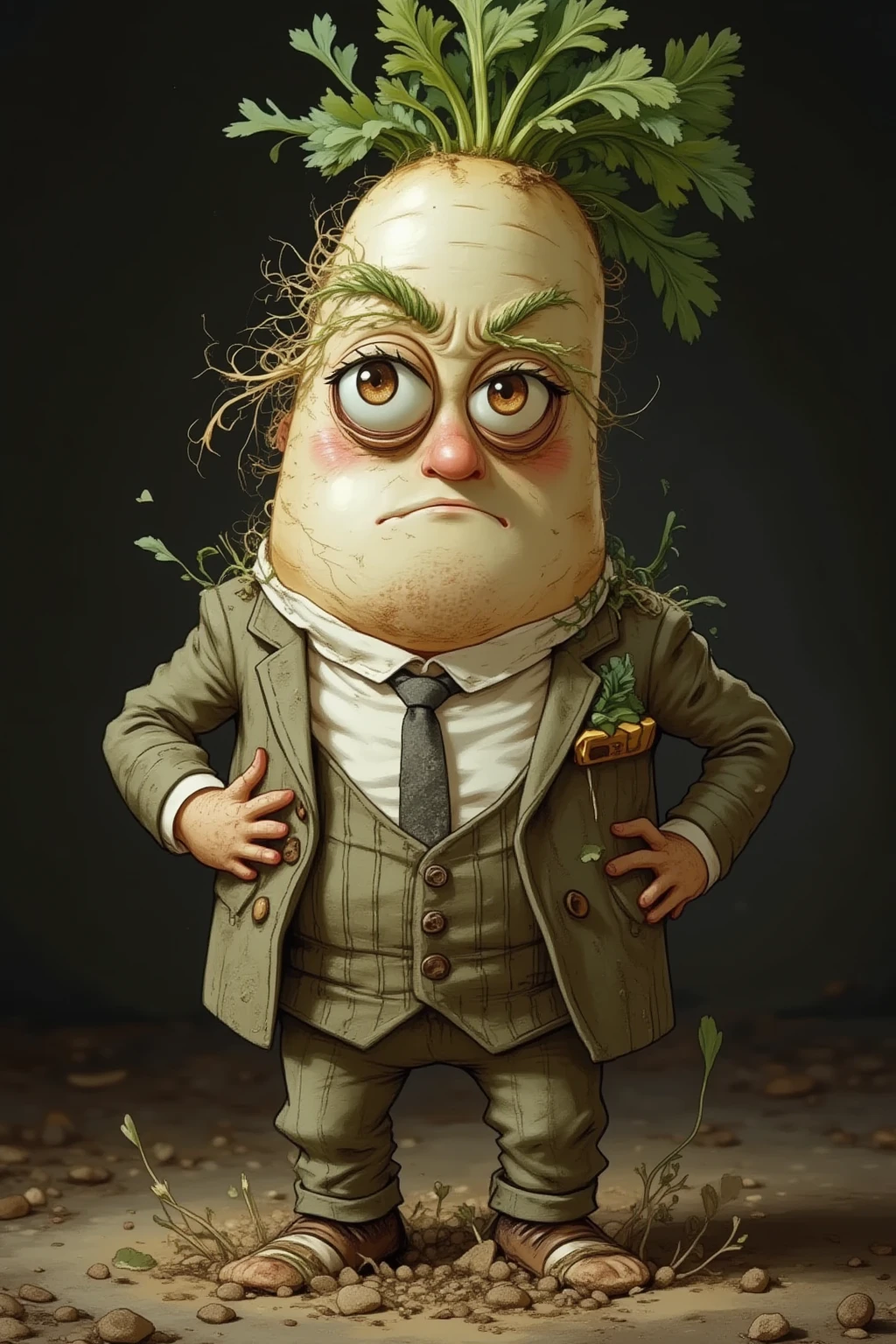 Close up of a radish wearing a suit and hat, Big round face, comics ...