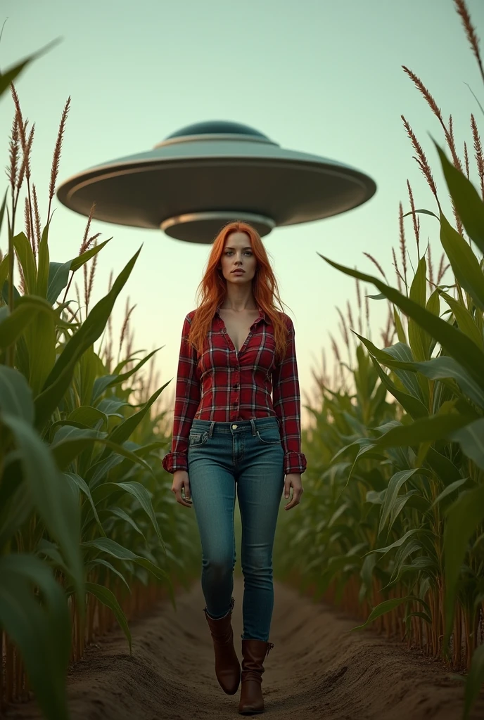 Beautiful redhead woman, model figure, full breasts, dressed in a red ...