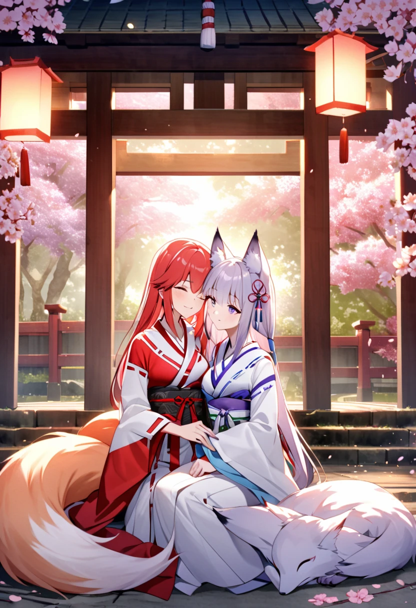 The Embrace of a Shrine Maiden and a Demon Fox, Create a serene ...