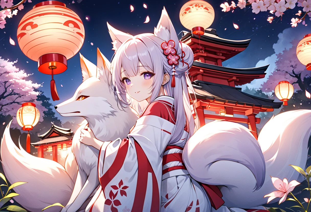 The Embrace of a Shrine Maiden and a Demon Fox, Create a serene ...