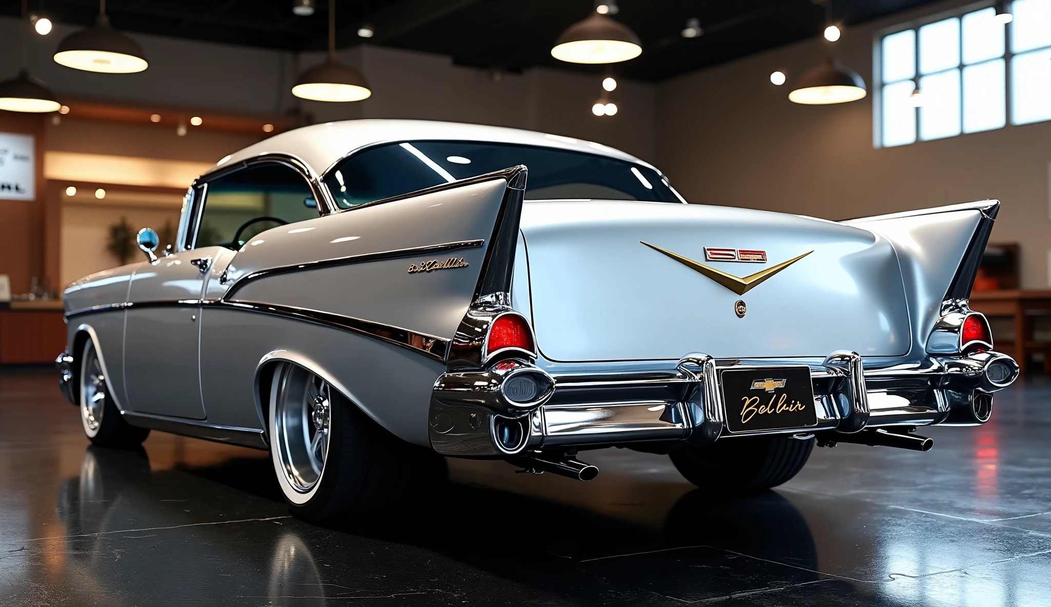 There is a silver car that is parked in a showroom - SeaArt AI