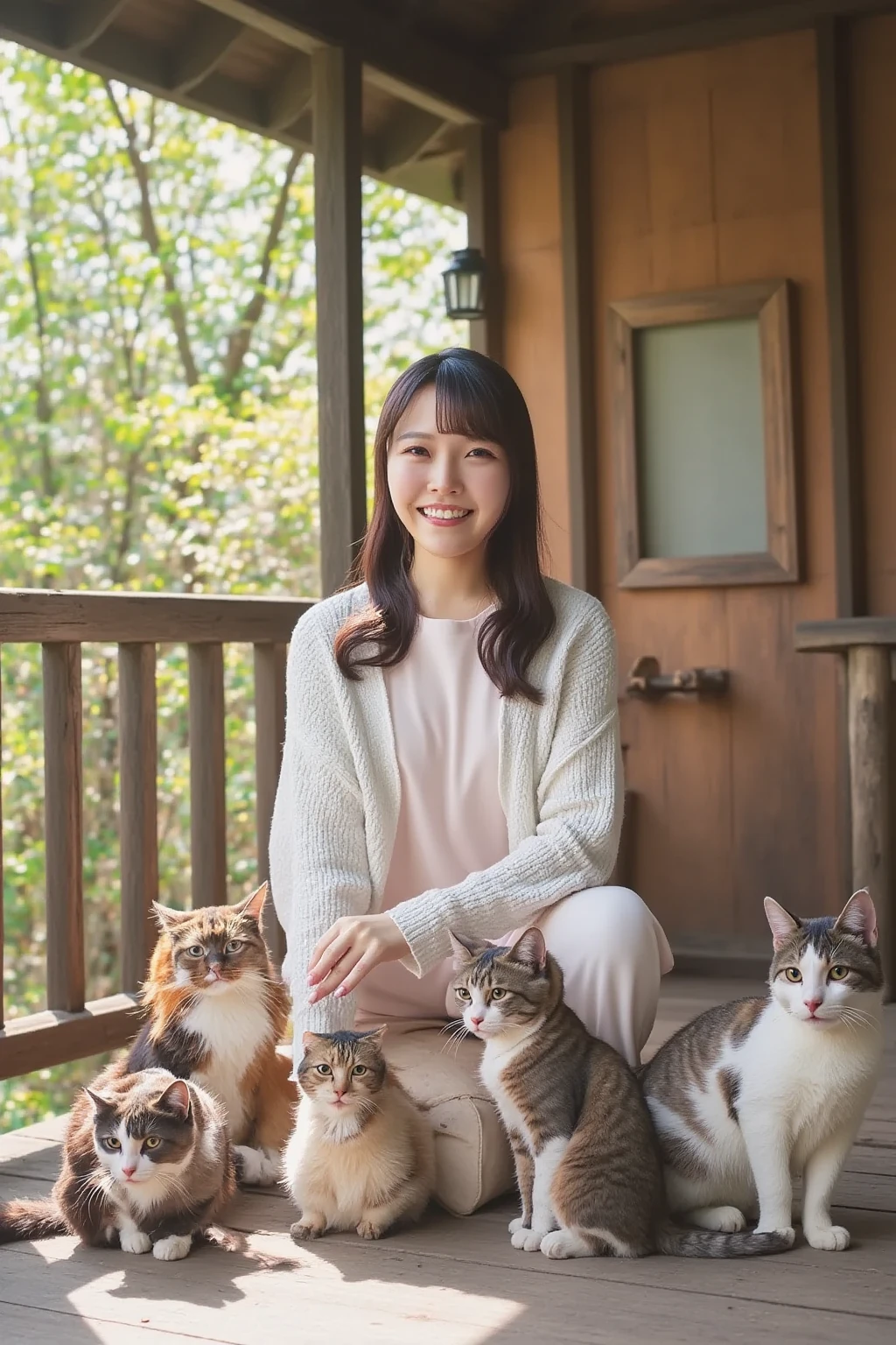 「A Japanese woman sitting on a cozy porch of a traditional wooden house ...