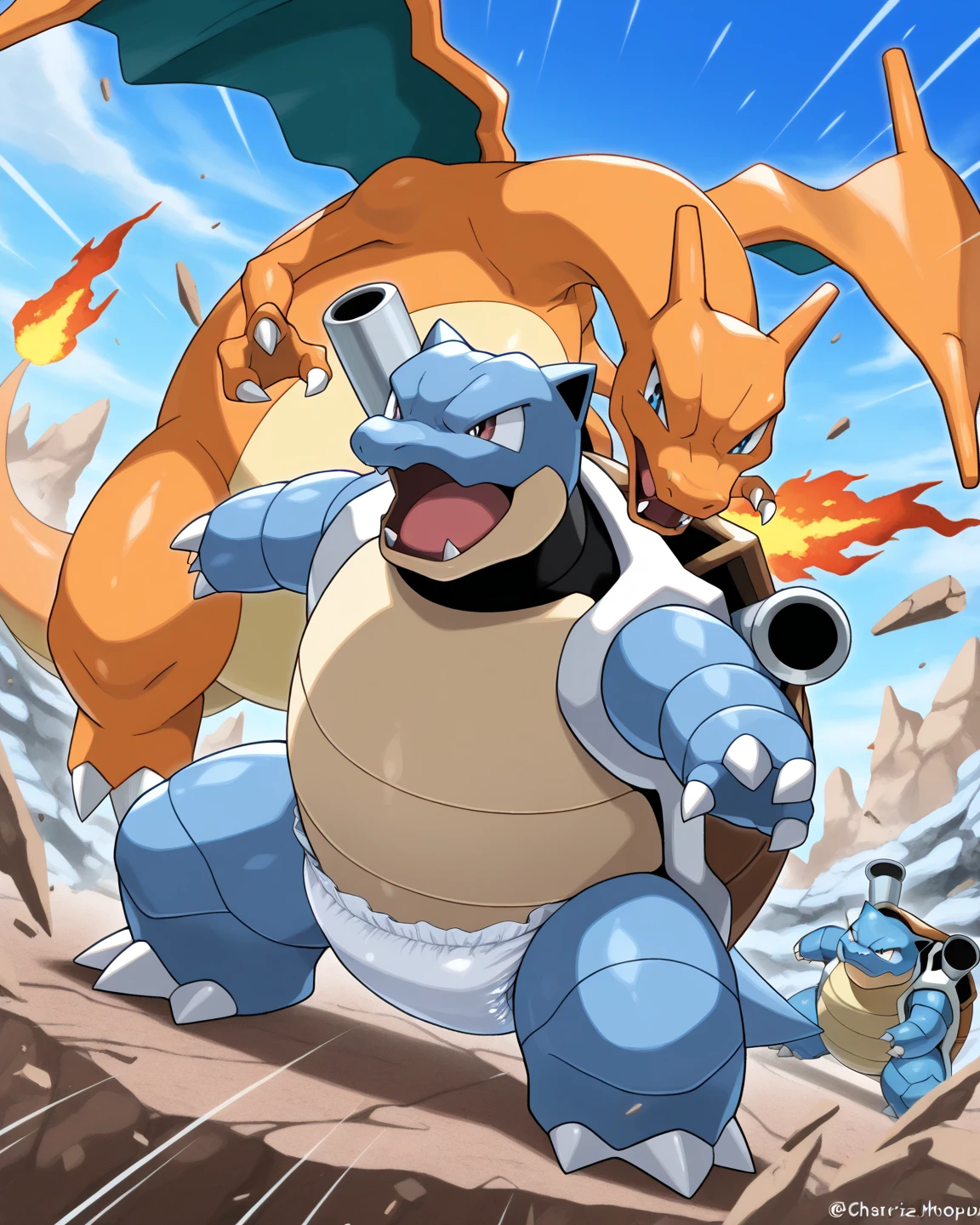 Masterpiece, best quality, 1 Charizard, 1 Blastoise, battle - SeaArt AI