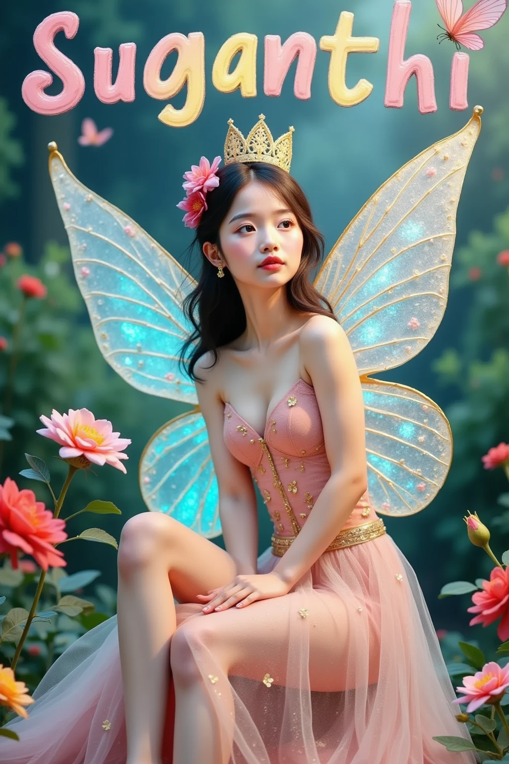 A central crown made of brightly colored flowers is placed next to the fairy - SeaArt AI