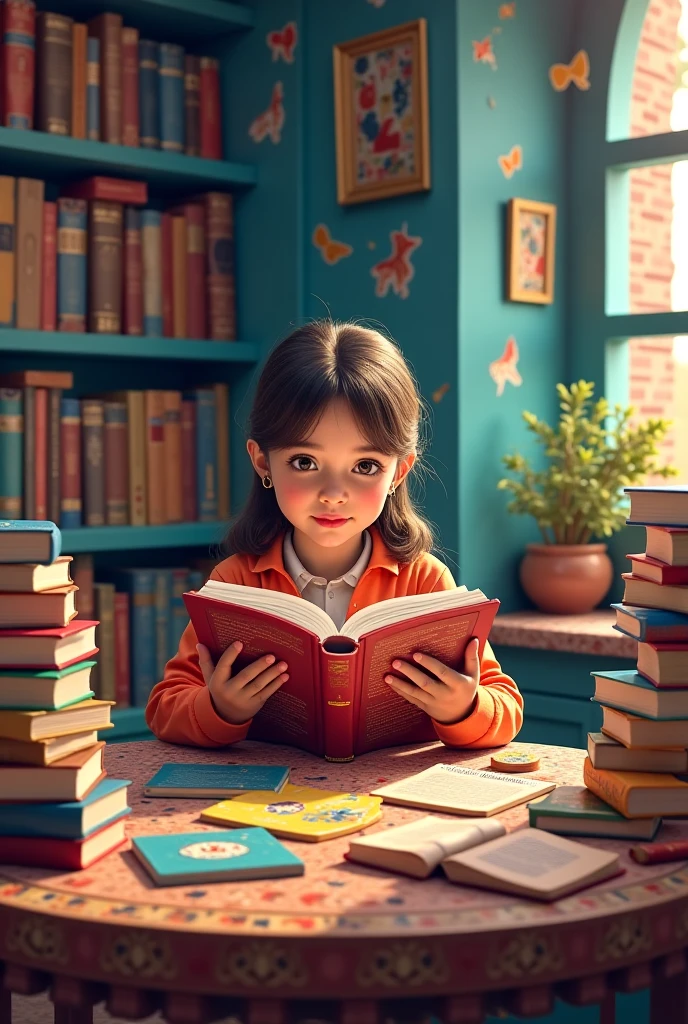 Make for me a girl reading book in colorfull room font here a table ...