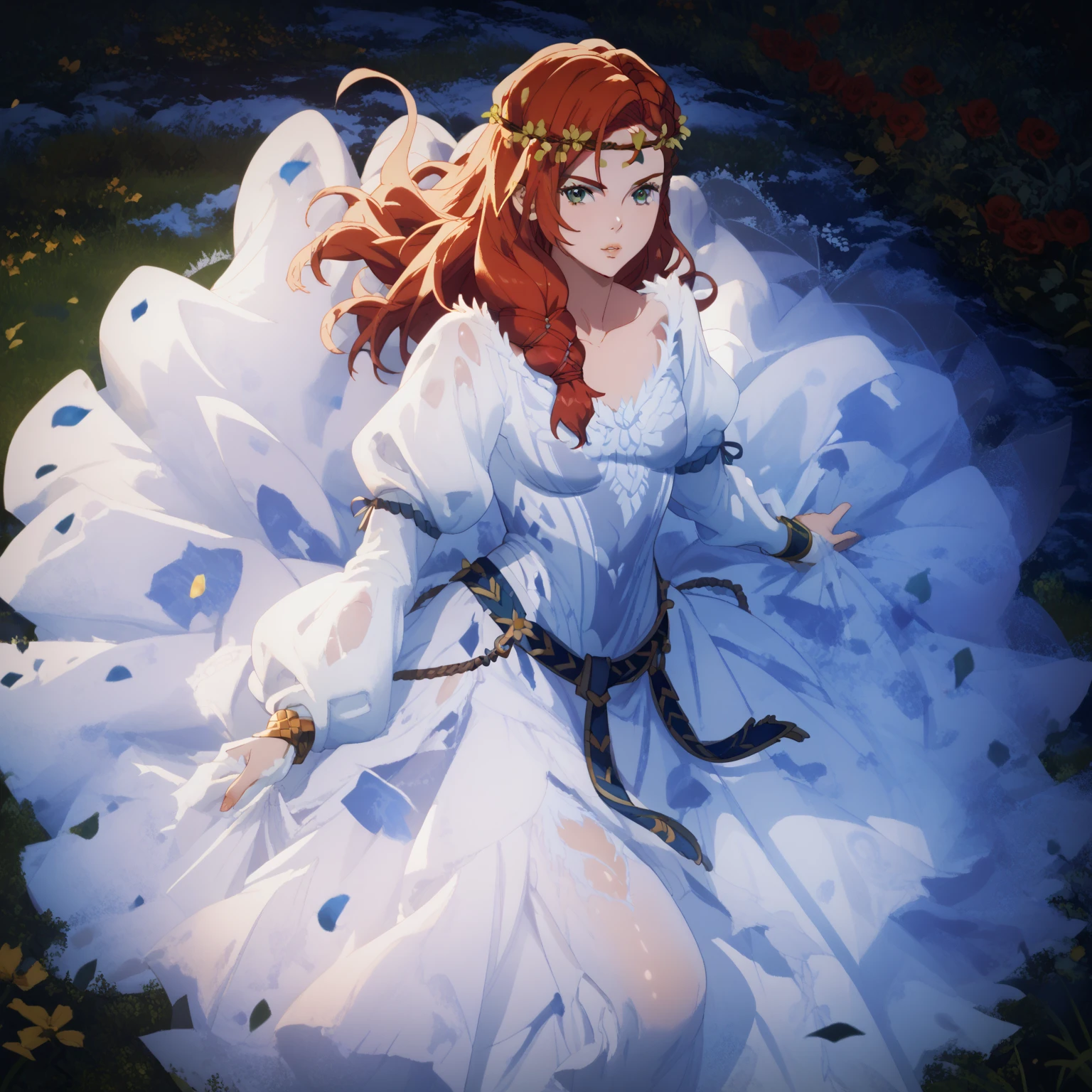 HeraHammerhand, red hair, long hair, braid, green eyes, white dress ...