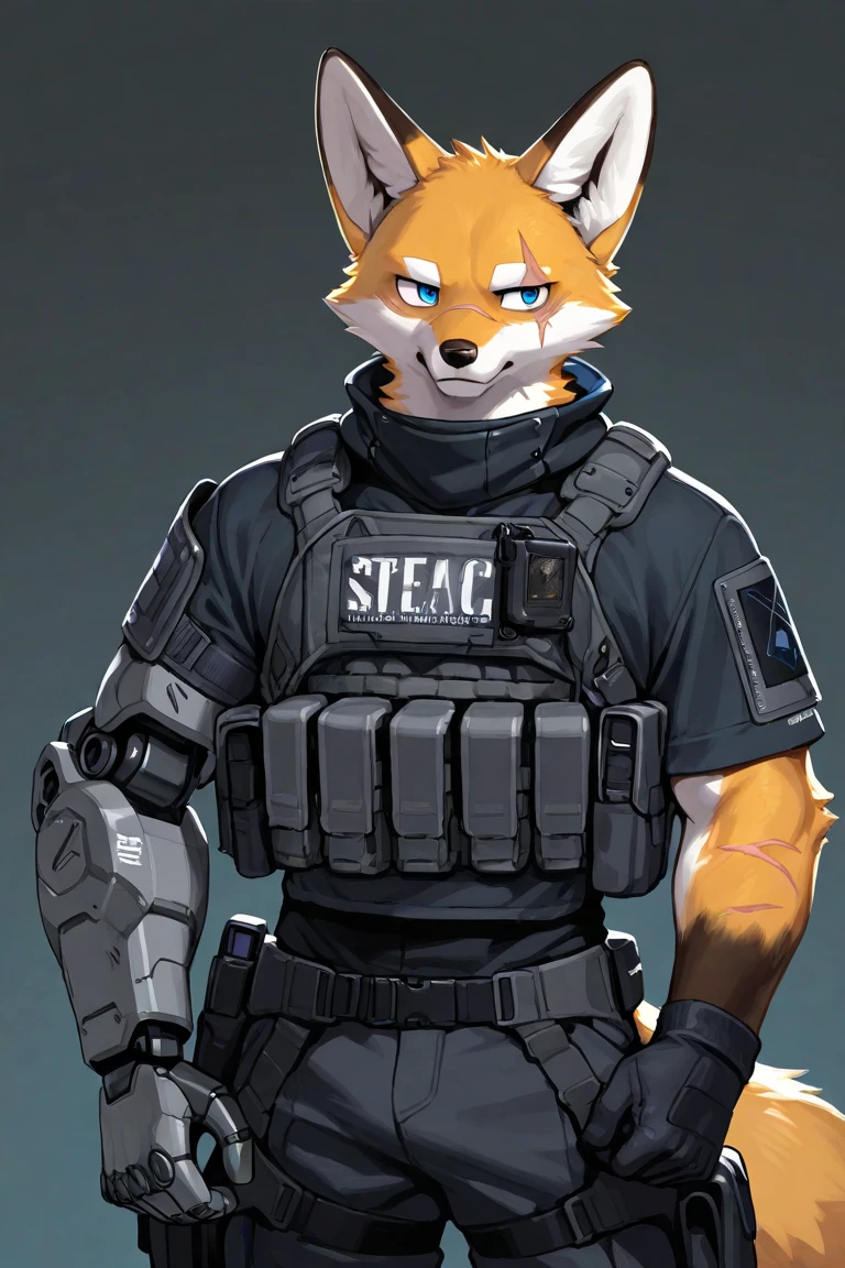 Male furry fox, techwear, blue eyes, 1 boys, 1 scars on eyes - SeaArt AI