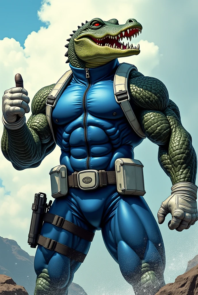 (A rugged beefy extremely muscular bulky crocodile man), (wearing blue ...