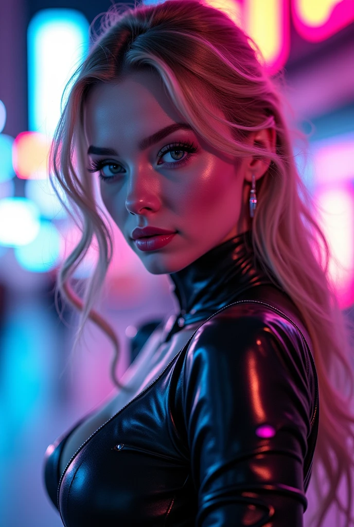 A cute Norwegian girl in a neon-lit metropolis, perfect face - SeaArt AI