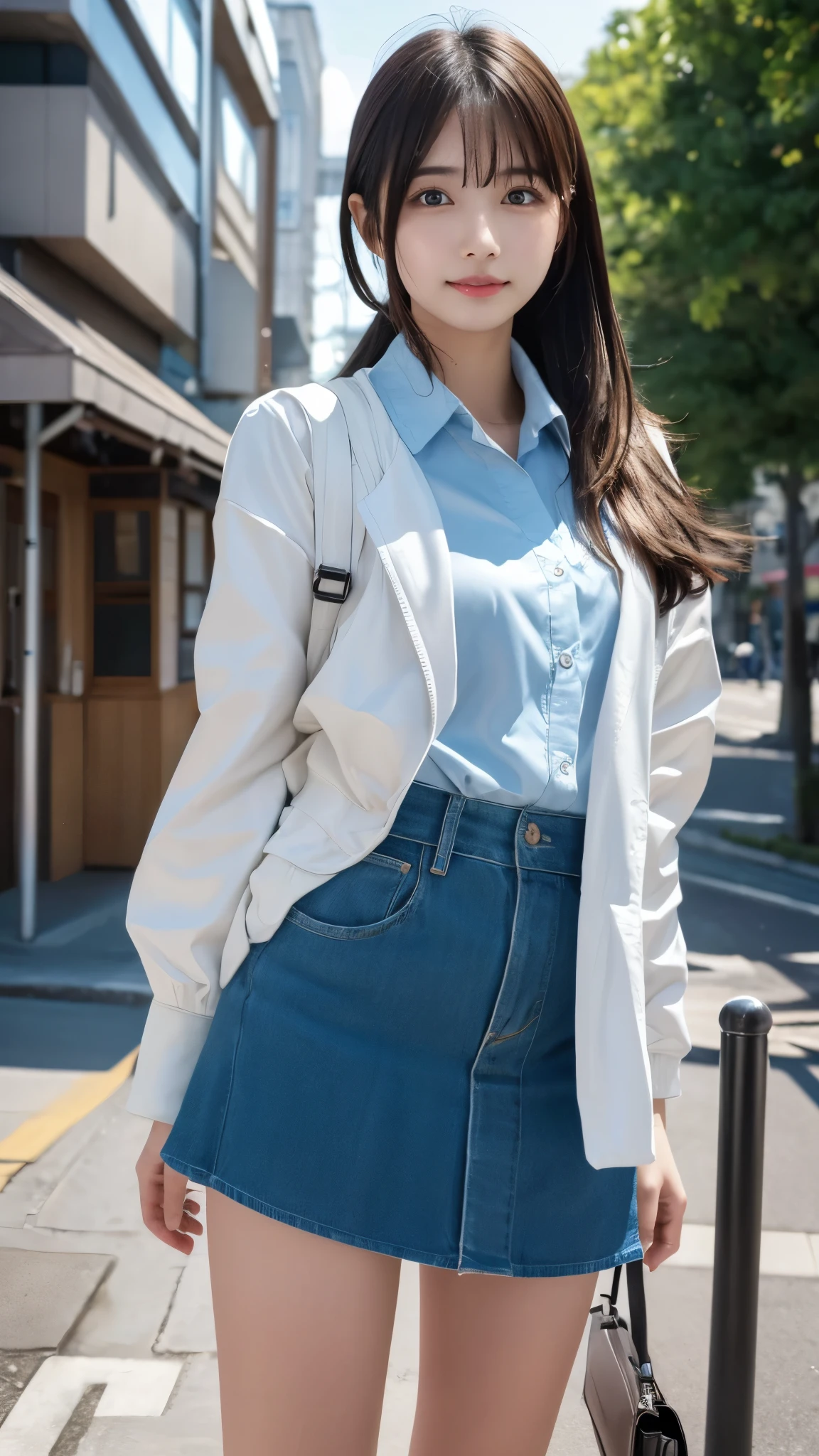 Arafed asian woman in a blue skirt and white jacket - SeaArt AI