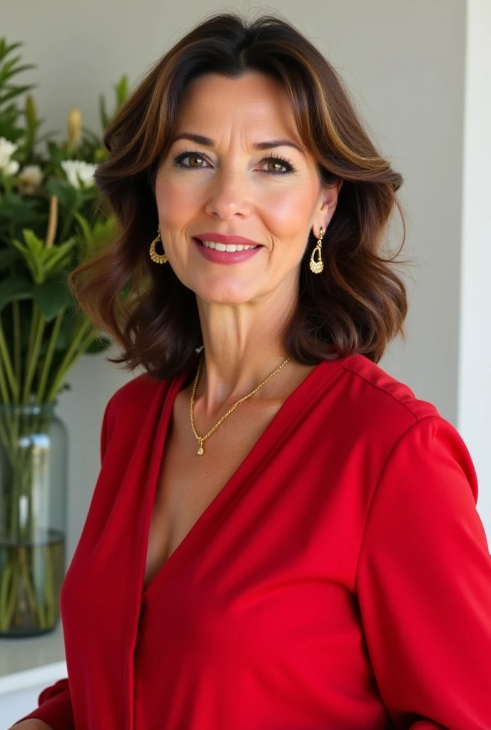 Forty-year-old dark-haired woman with golden highlights, Dressed in red ...