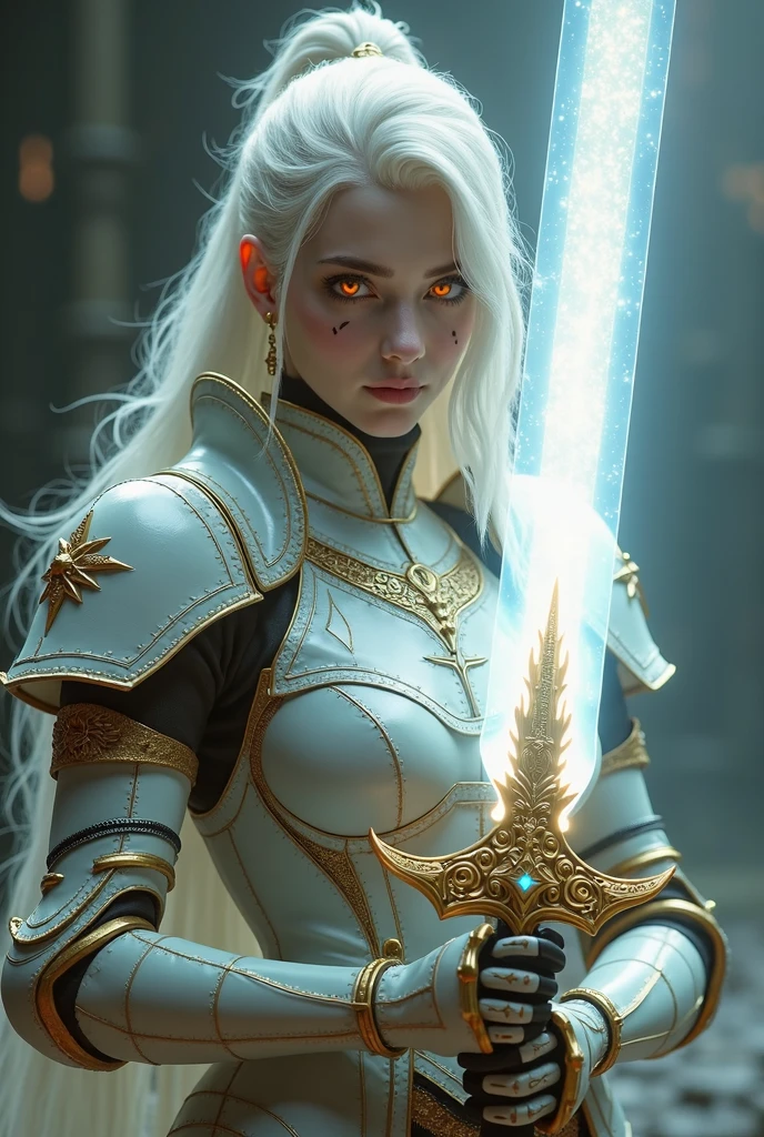 White-haired, pale-skinned warrior, with vibrant orange eyes and two ...
