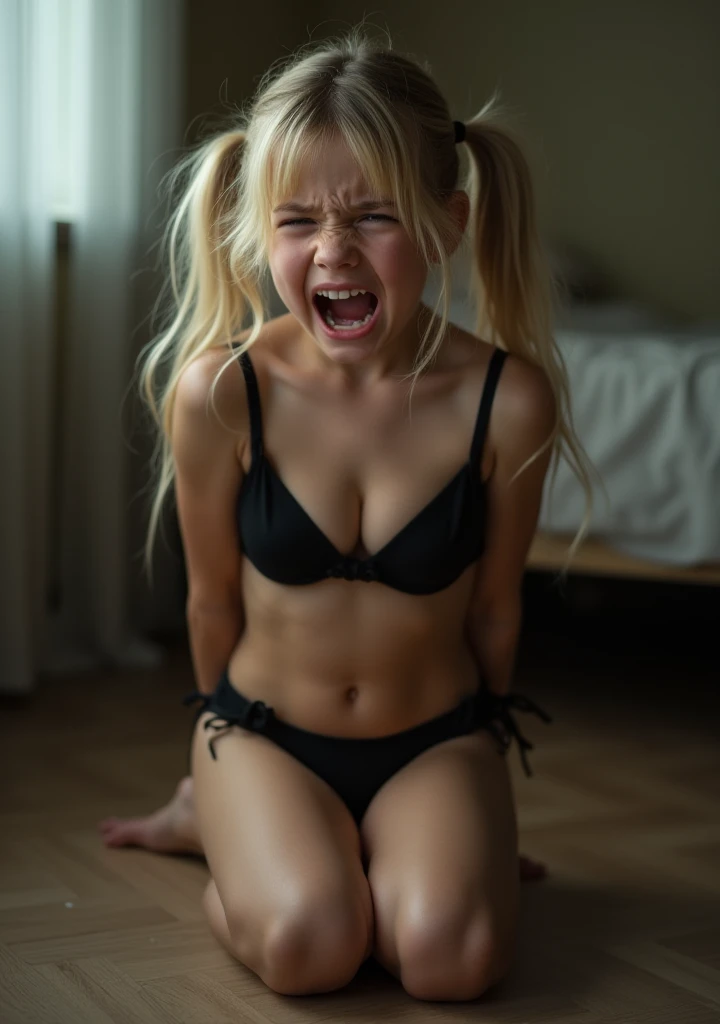 thirteen-year-old girl , blonde hair with two pigtails, has saggy boobs - SeaArt AI