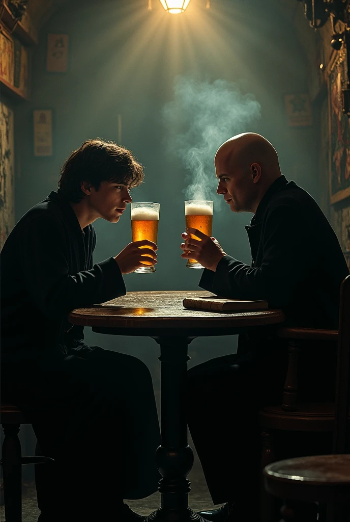 Harry potter and tom riddle drinking skate beer in a bar - SeaArt AI