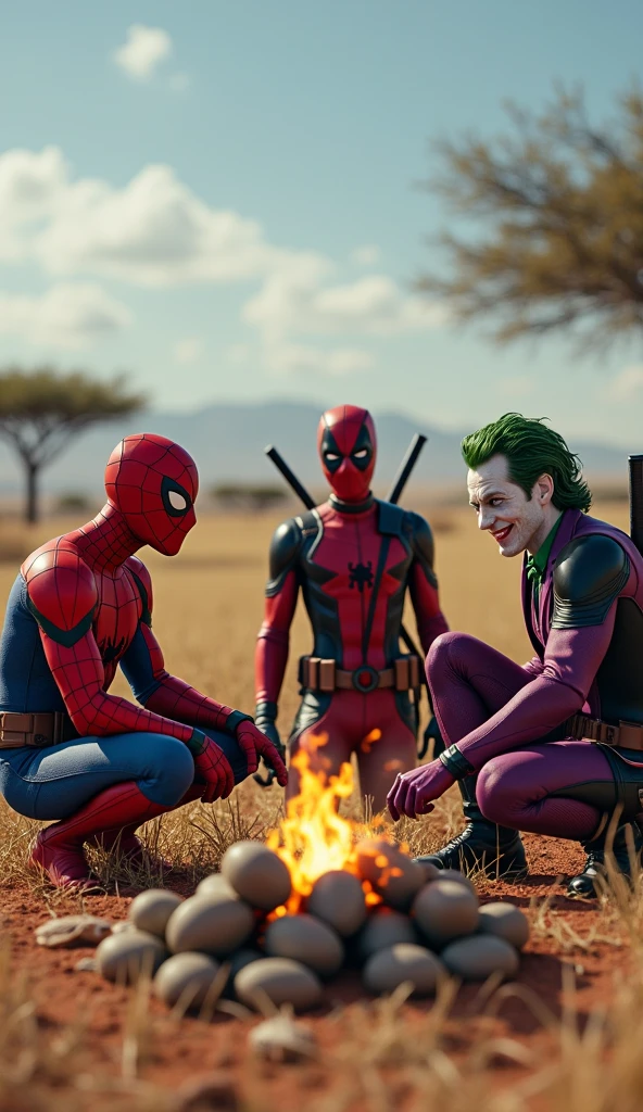 Spiderman, deadpool, The Joker cooking medium sized eggs on a small ...