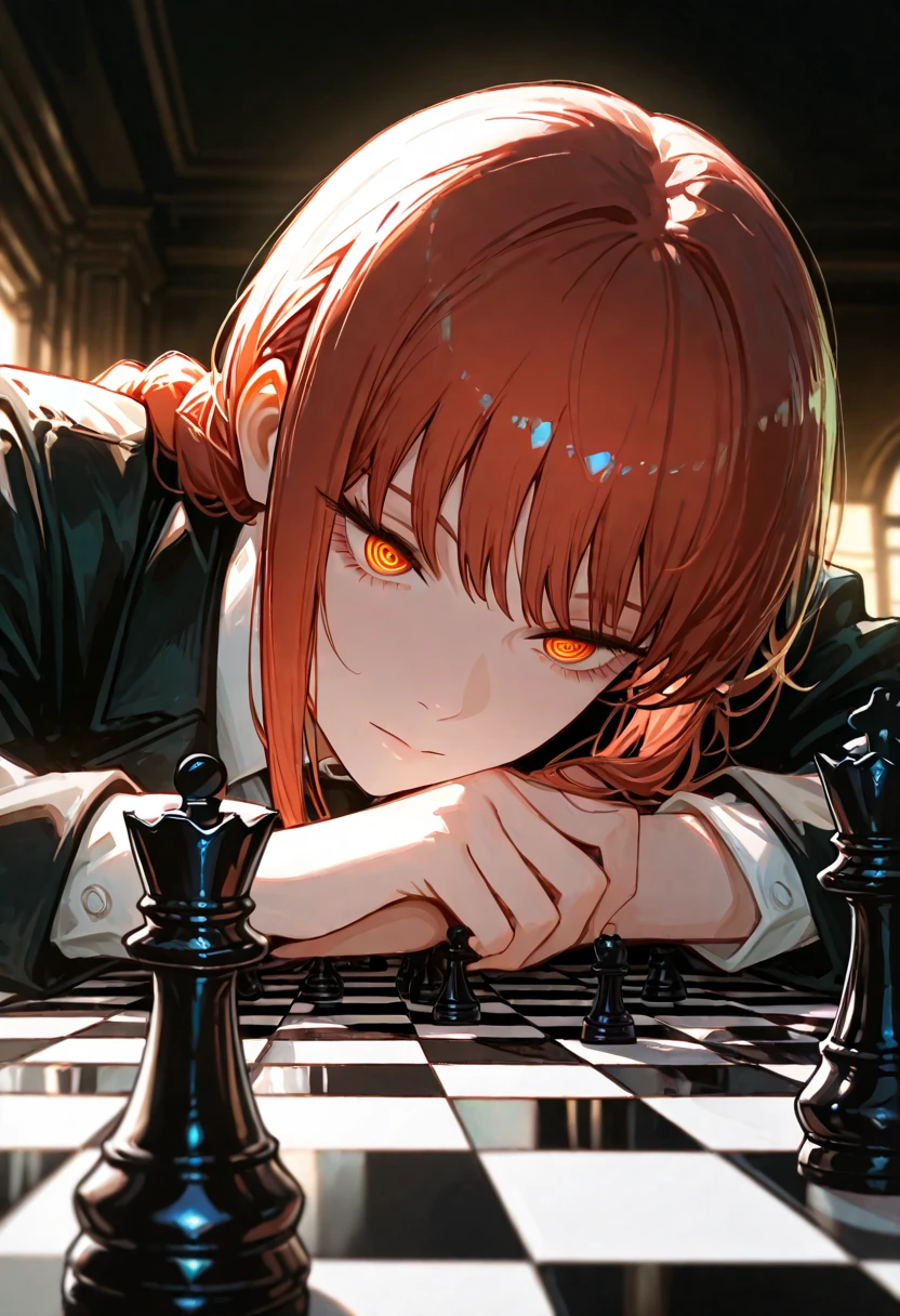 1girl, solo, makima (chainsaw man),chessboard, focused, seated - SeaArt AI