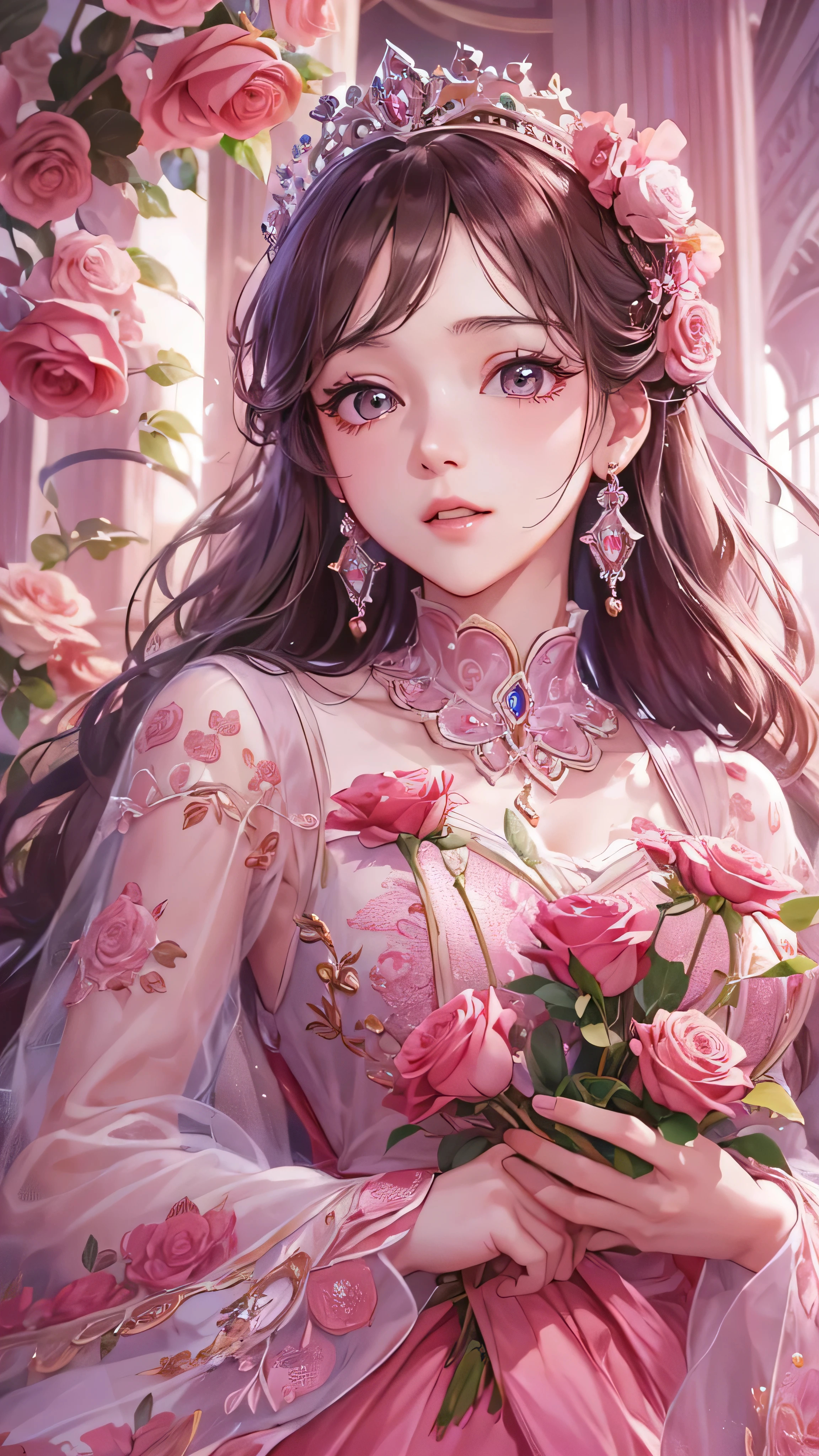 Anime girl in pink dress holding a bouquet of flowers - SeaArt AI