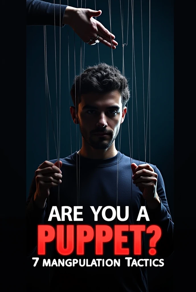 Design a dramatic thumbnail featuring a person with subtle puppet ...