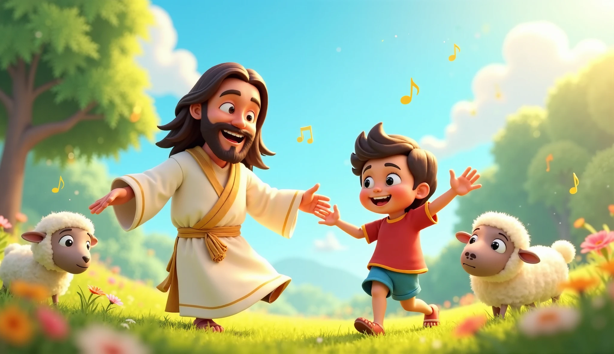 A cartoon jesus and a little boy are in a field with sheep - SeaArt AI