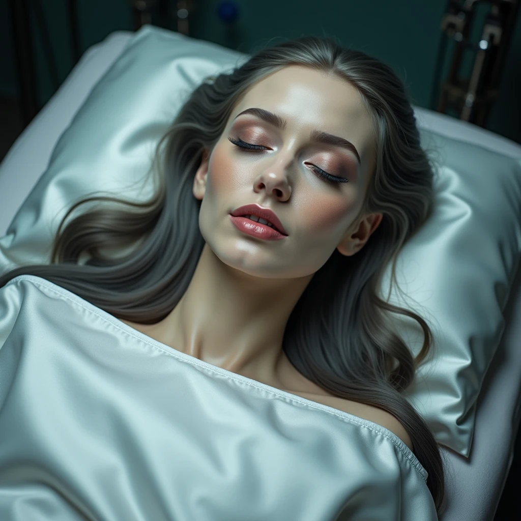 Female mortician doung makeup on dead 50 year old beautuful woman grey ...