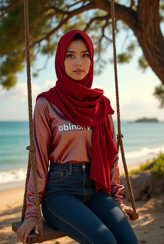A woman in a red hijab wears a silver red shirt with the inscription BINOR - SeaArt AI