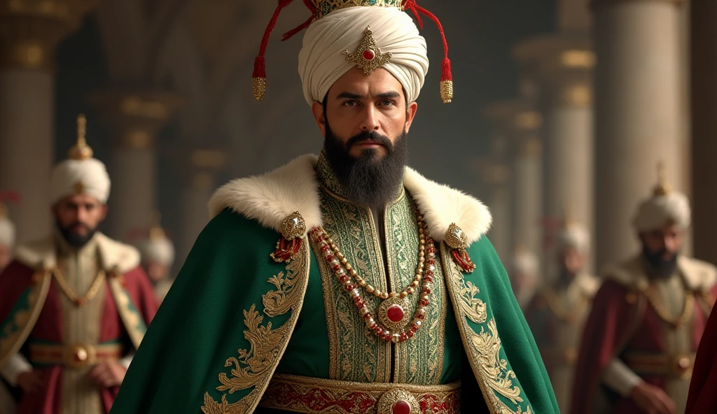 The image depicts a regal and imposing Ottoman ruler, dressed in ...