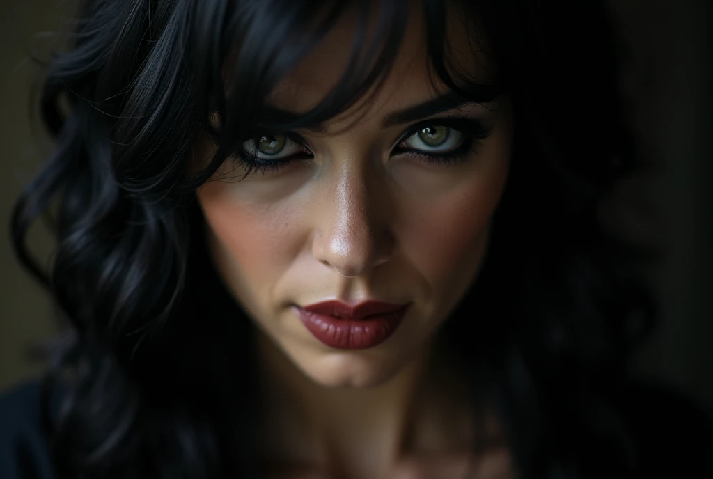 A close-up shot of the mysterious woman's piercing gaze, framed by lush ...