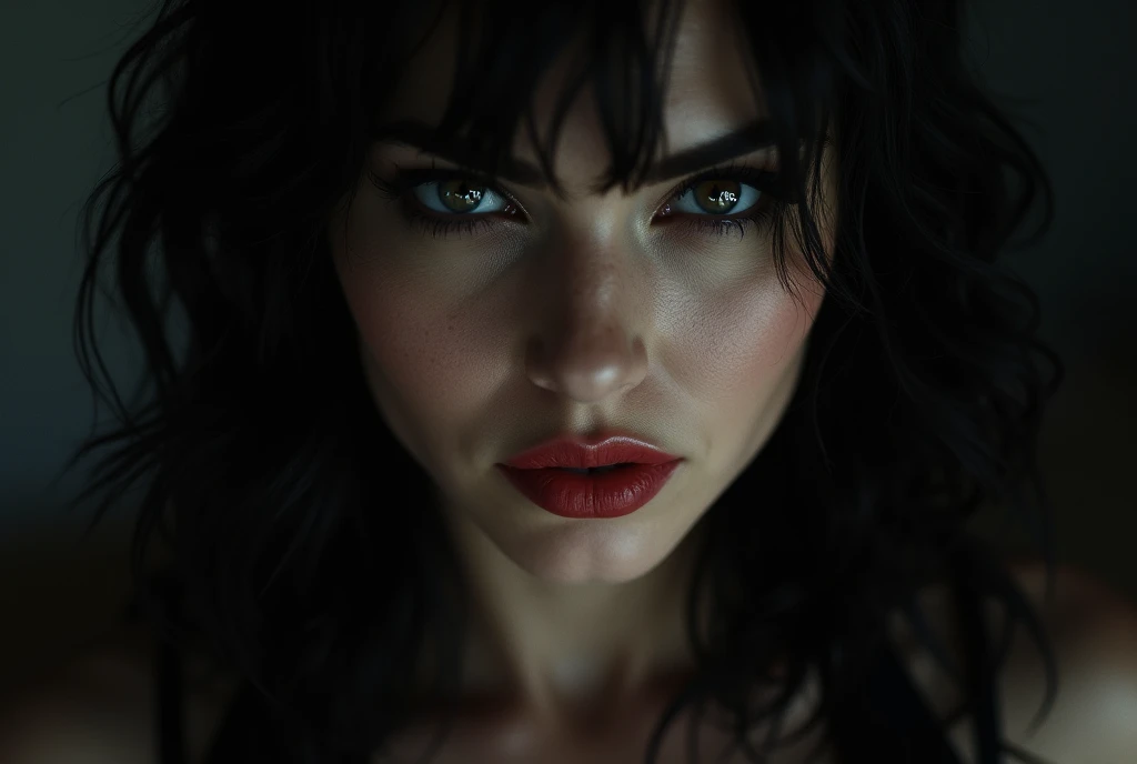 A close-up shot of the mysterious woman's piercing gaze, framed by lush ...