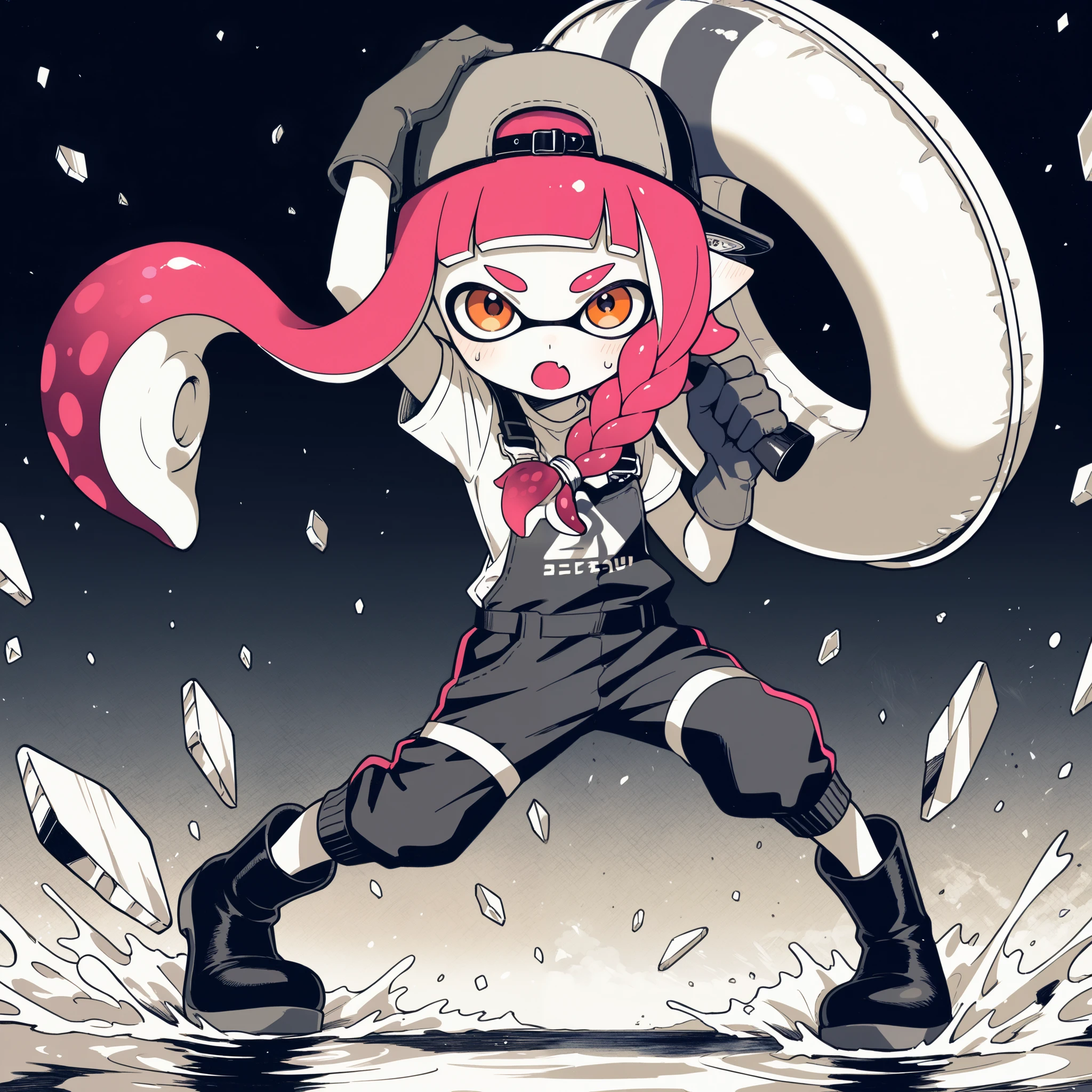 Anime girl with pink hair and black pants holding a white and red ...