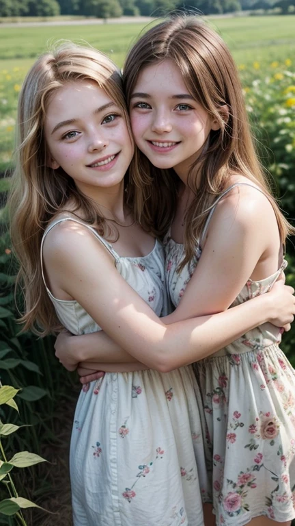 Two thirteen-year-old friends, hugs , beautiful, (on a farm - SeaArt AI