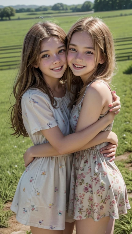 Two thirteen-year-old friends, hugs , beautiful, (on a farm - SeaArt AI