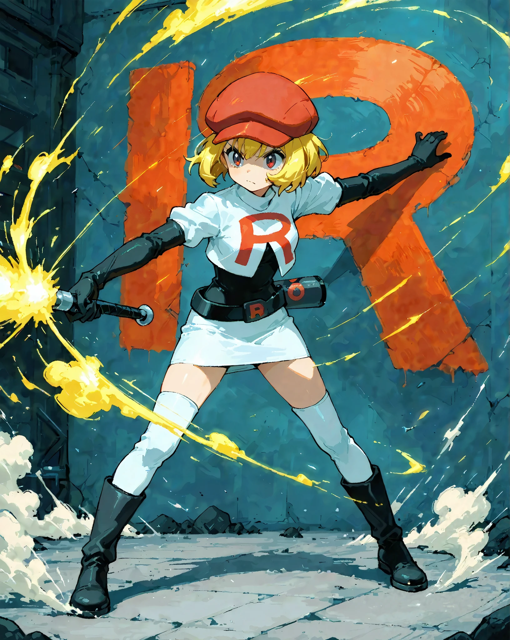Anime girl with a red hat and a red cap holding a gun - SeaArt AI