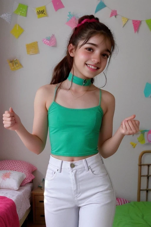Arafed Woman In A Green Top And White Jeans Posing For A Picture