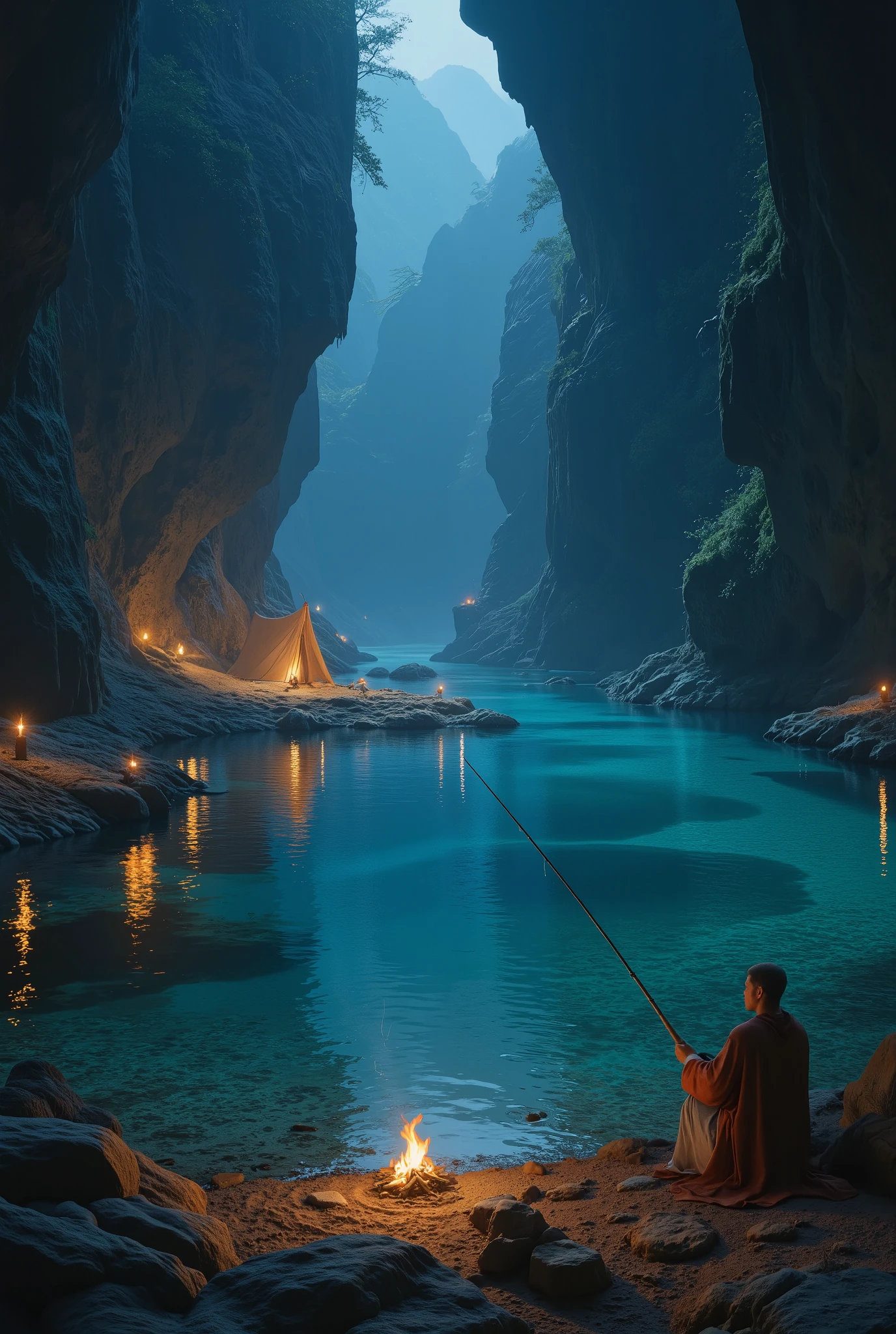 There is a man sitting on a rock by the water fishing - SeaArt AI
