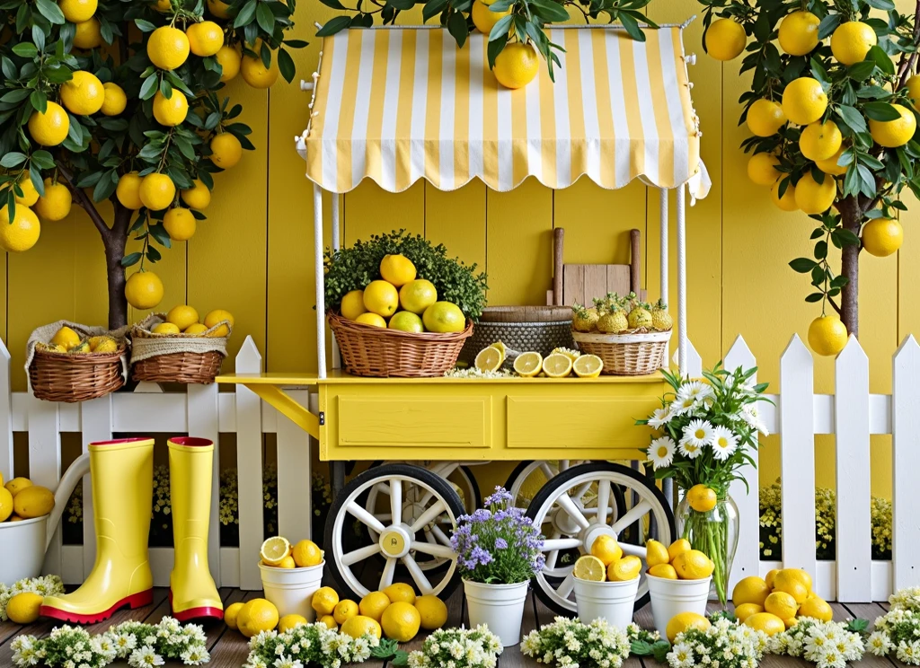 A bright and cheerful lemon-themed garden scene with a white wooden ...