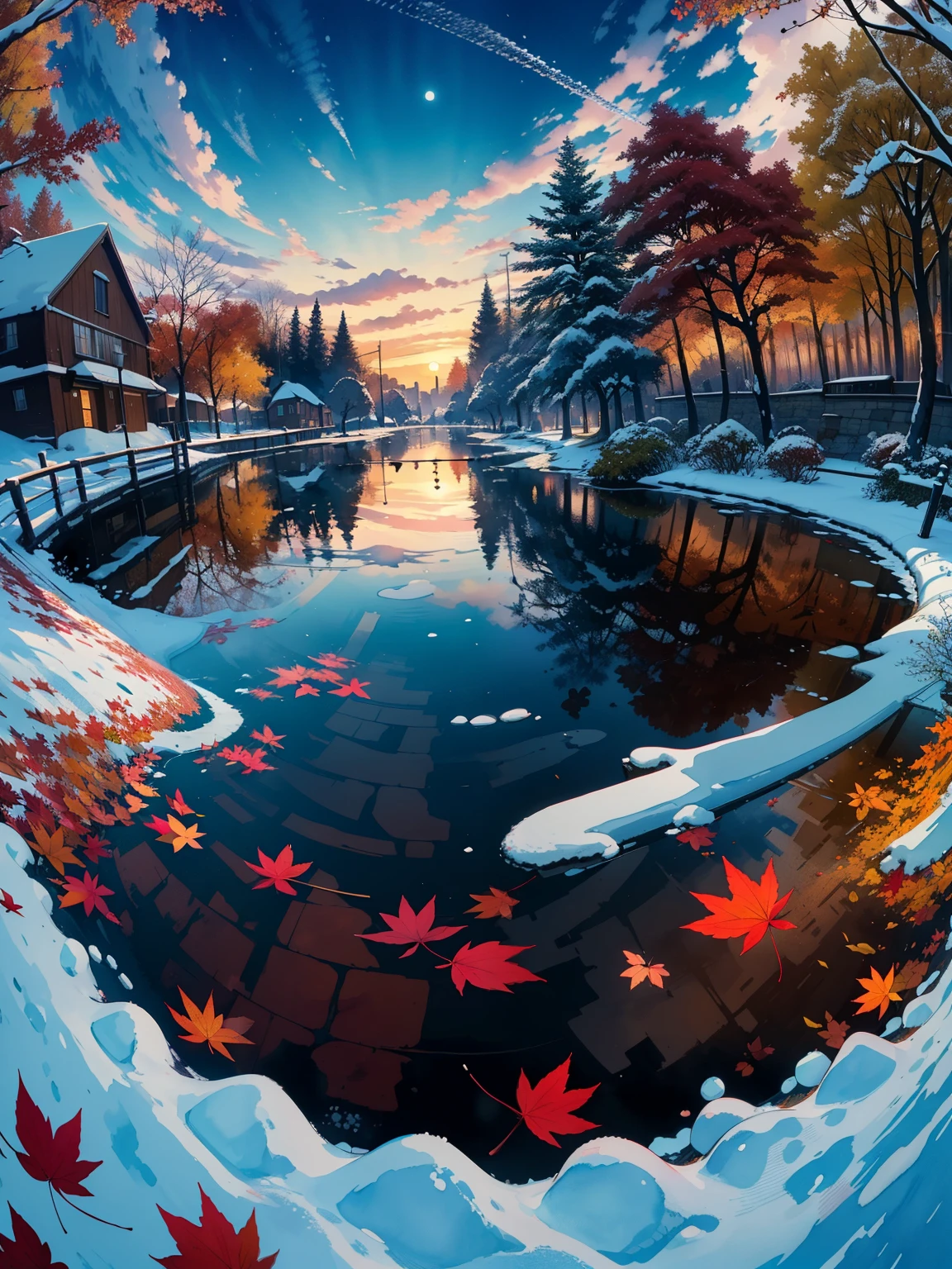 Snowy landscape with a pond and a house in the distance - SeaArt AI