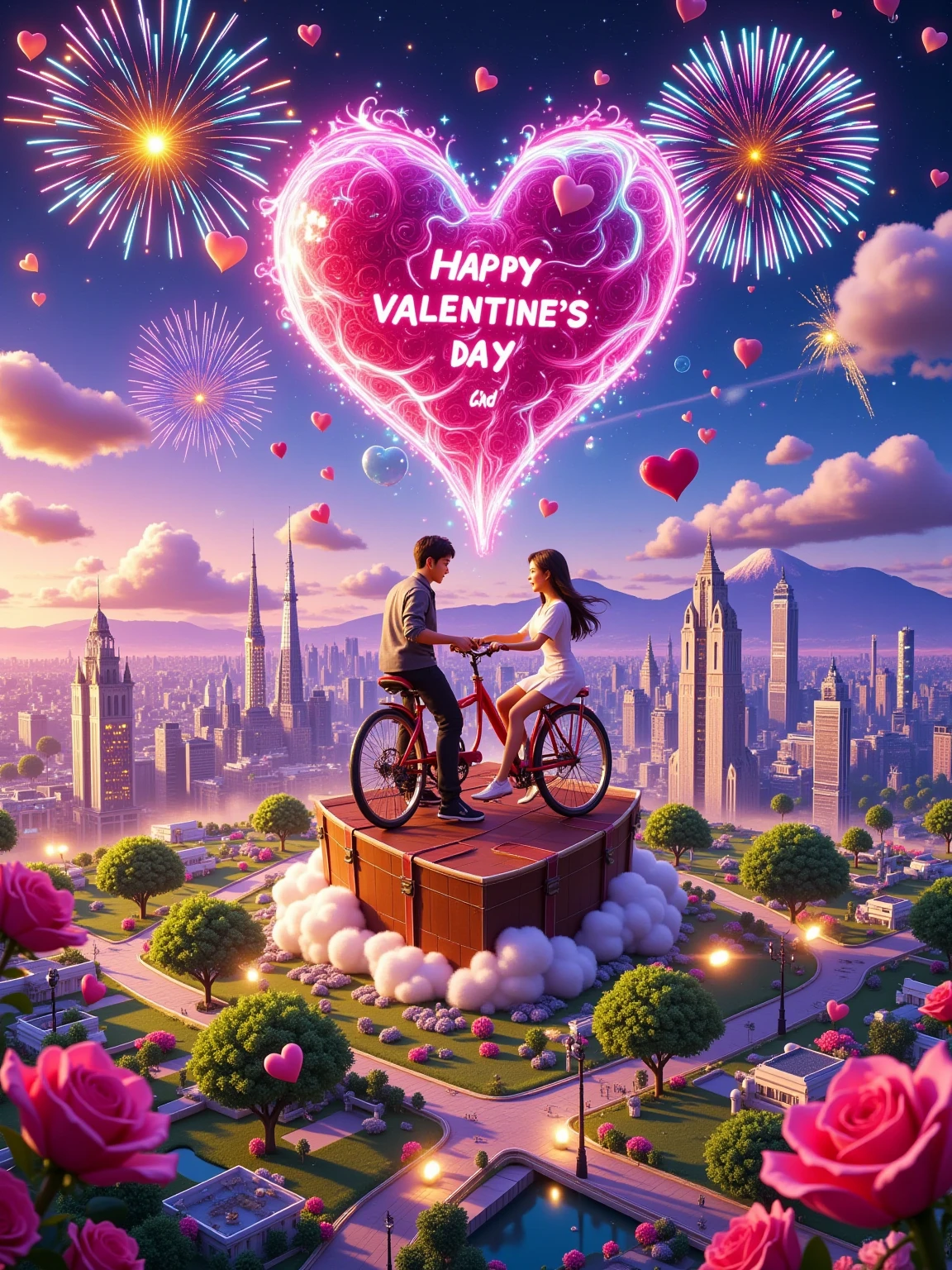A couple riding a bike, a tree of hearts, a Valentine's Day card with ...