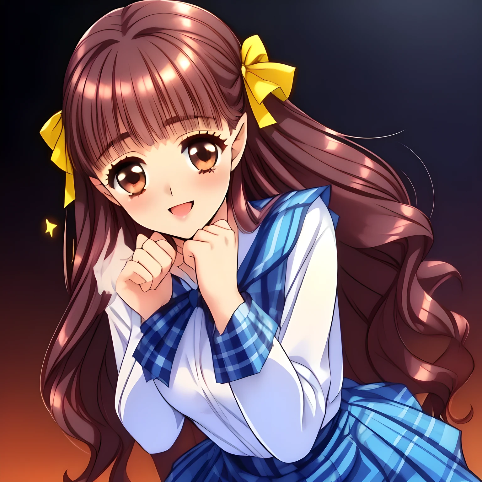 Anime girl with long brown hair and a blue dress posing - SeaArt AI