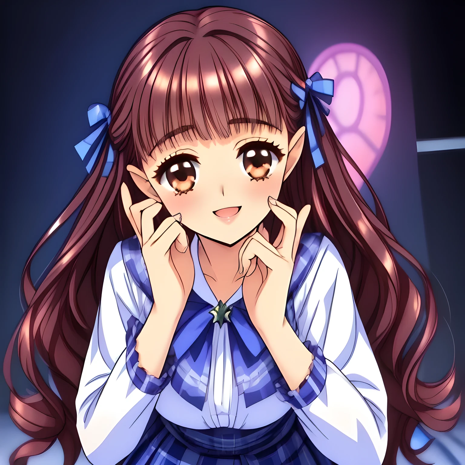 Anime girl with long brown hair and blue dress posing for picture ...