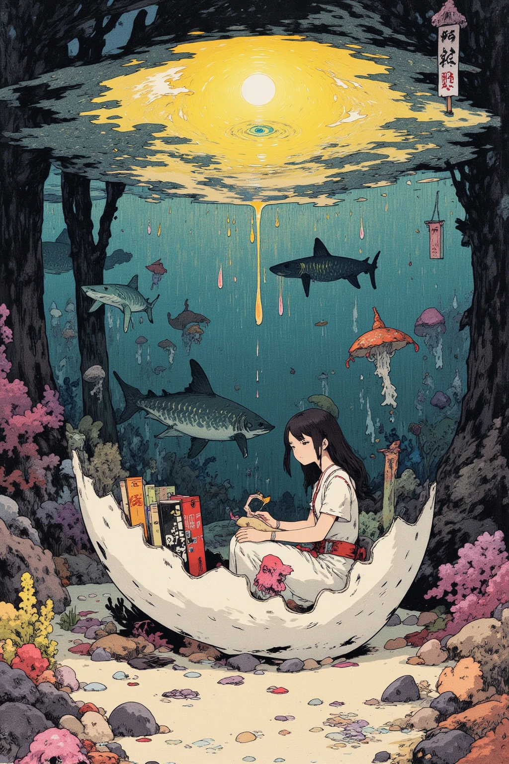 Giant Broken Egg Shell and Girl Close-up Ukiyo-e, Underwater Seabed ...