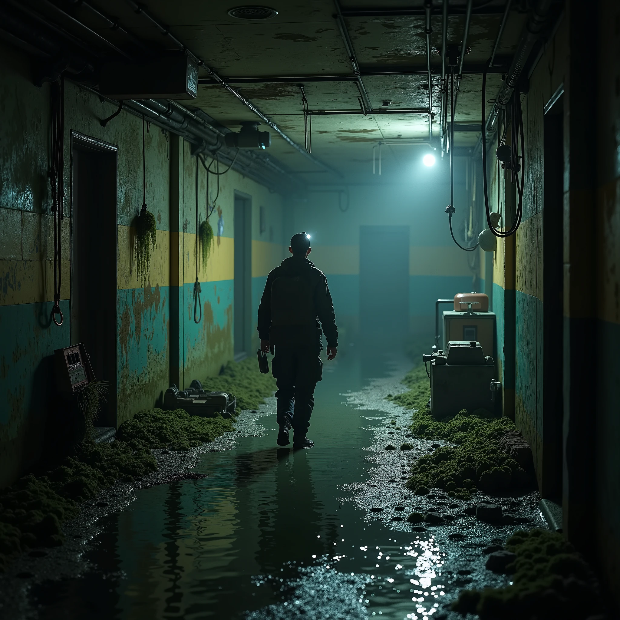 Arafed man walking down a dark hallway with a light on - SeaArt AI